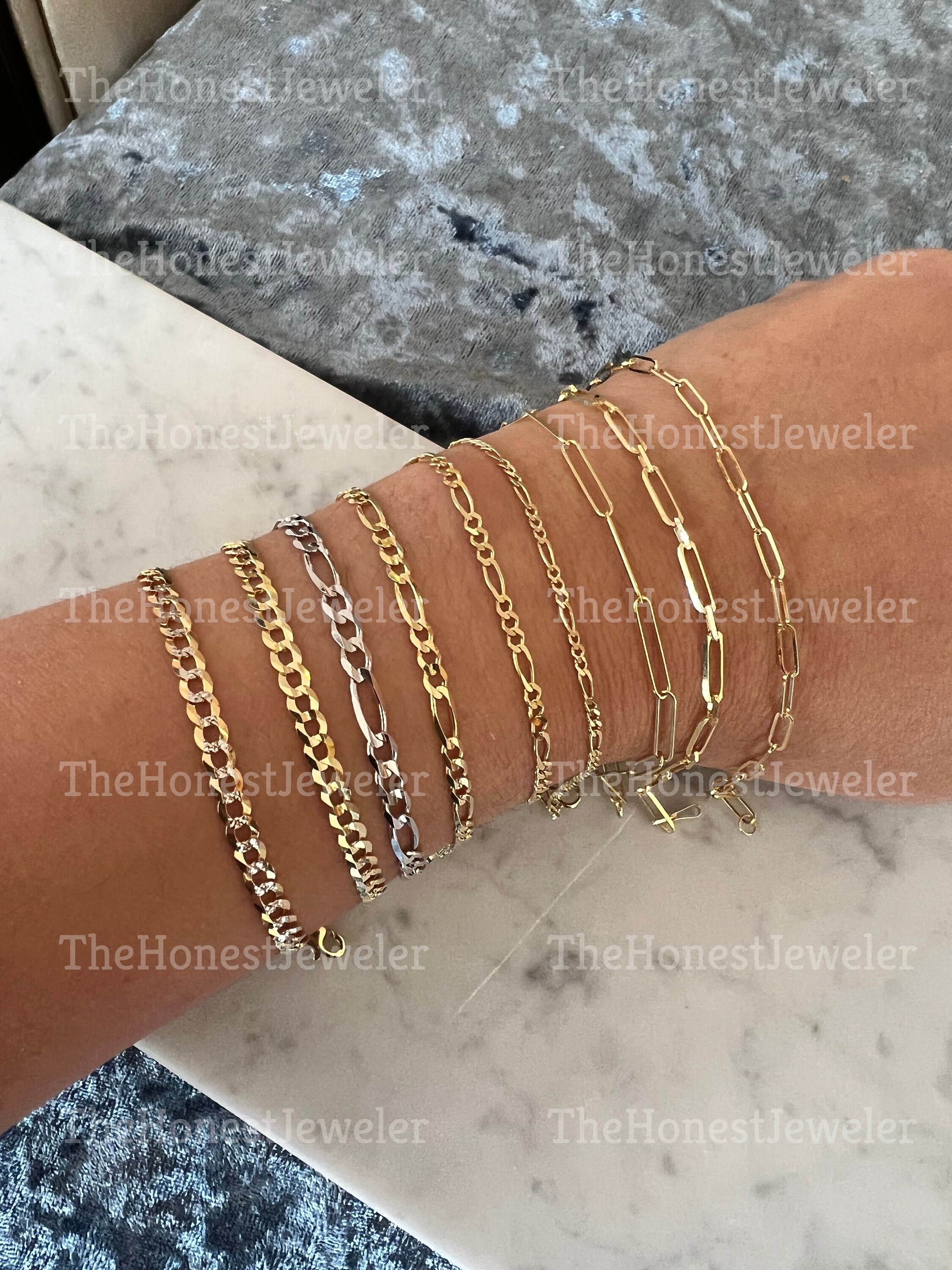 14k Solid Gold Chain Link Bracelets, Paperclip Bracelet, Figaro ...