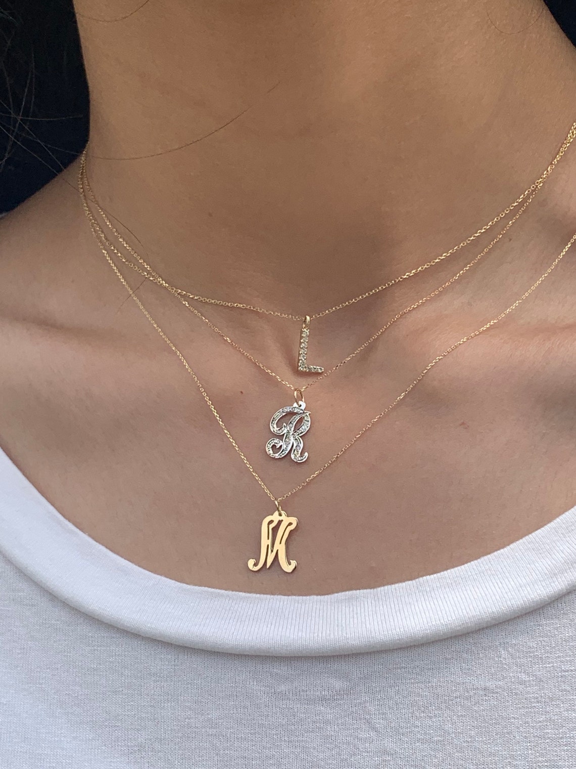14k Solid Gold Design Initial Necklace, Diamond Cut Dainty Initial ...
