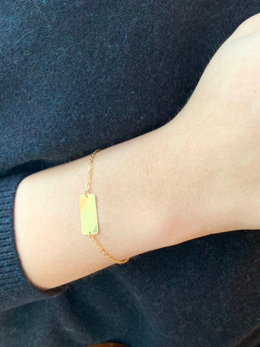 14k Solid Gold Horizontal Bar Bracelet Personalized | Etsy