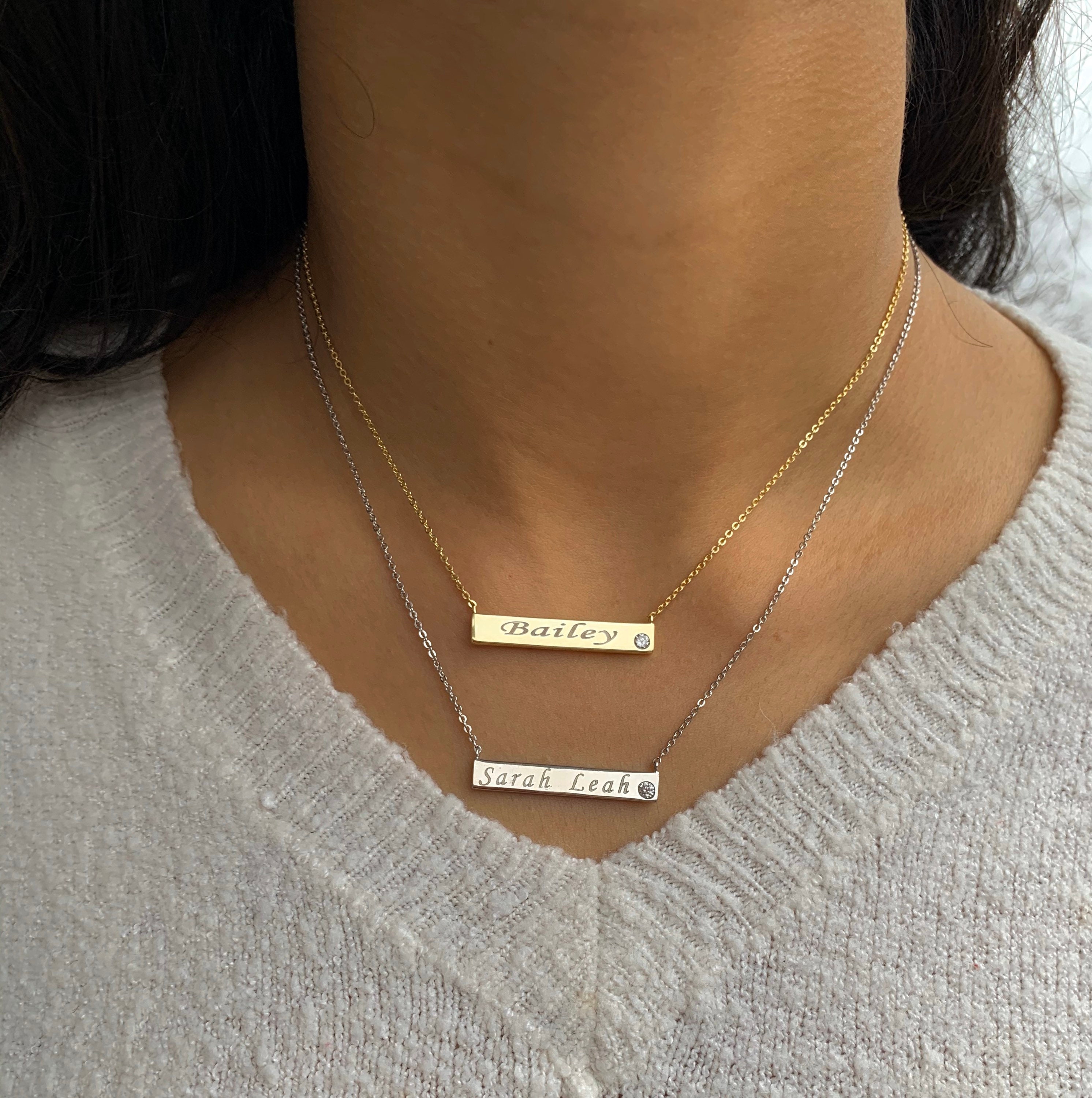 925 Solid Silver Bar Pendant Horizontal CZ Chain Name Plate | Etsy