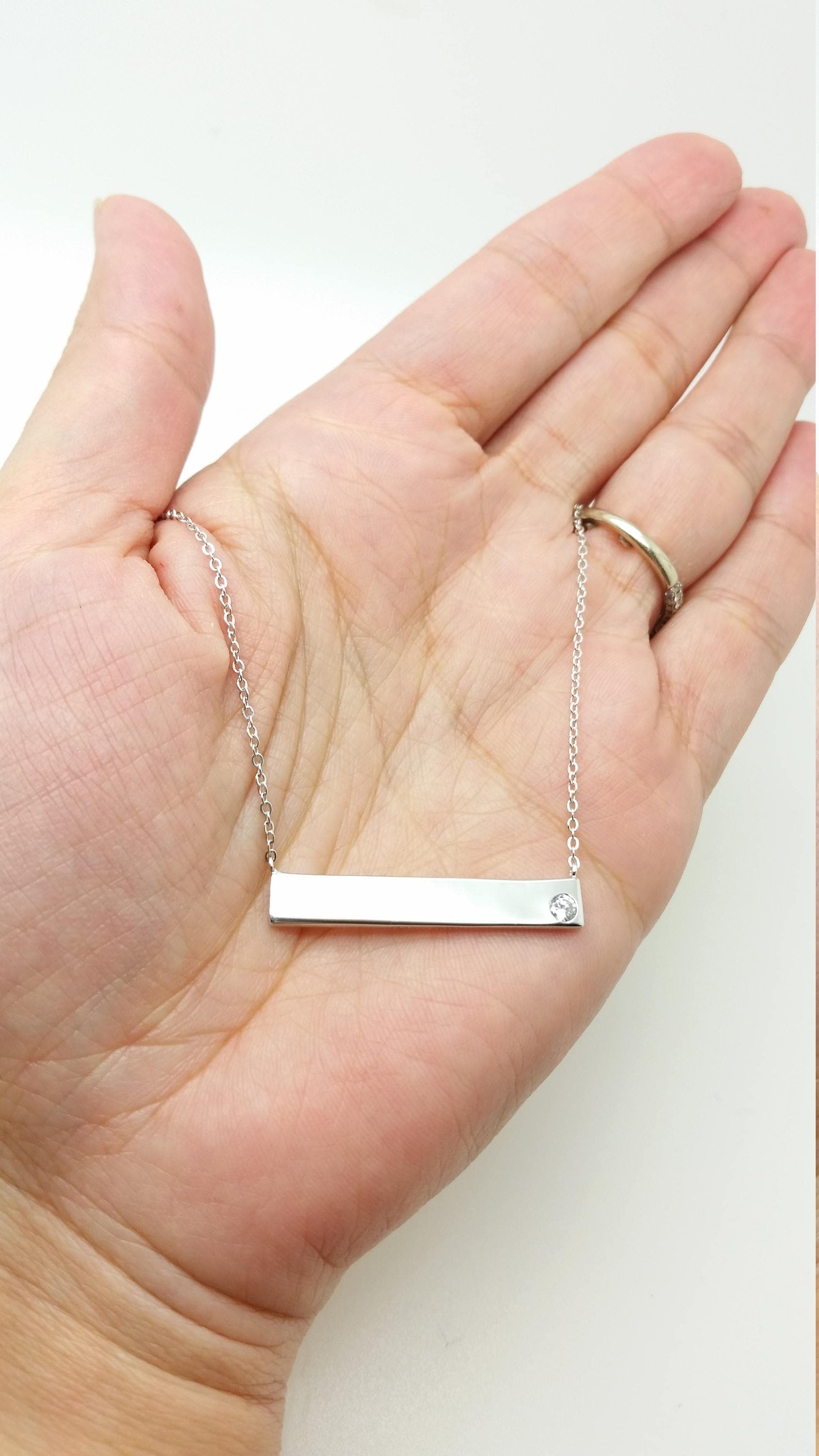 925 Solid Silver Bar Pendant Horizontal CZ Chain Name Plate | Etsy