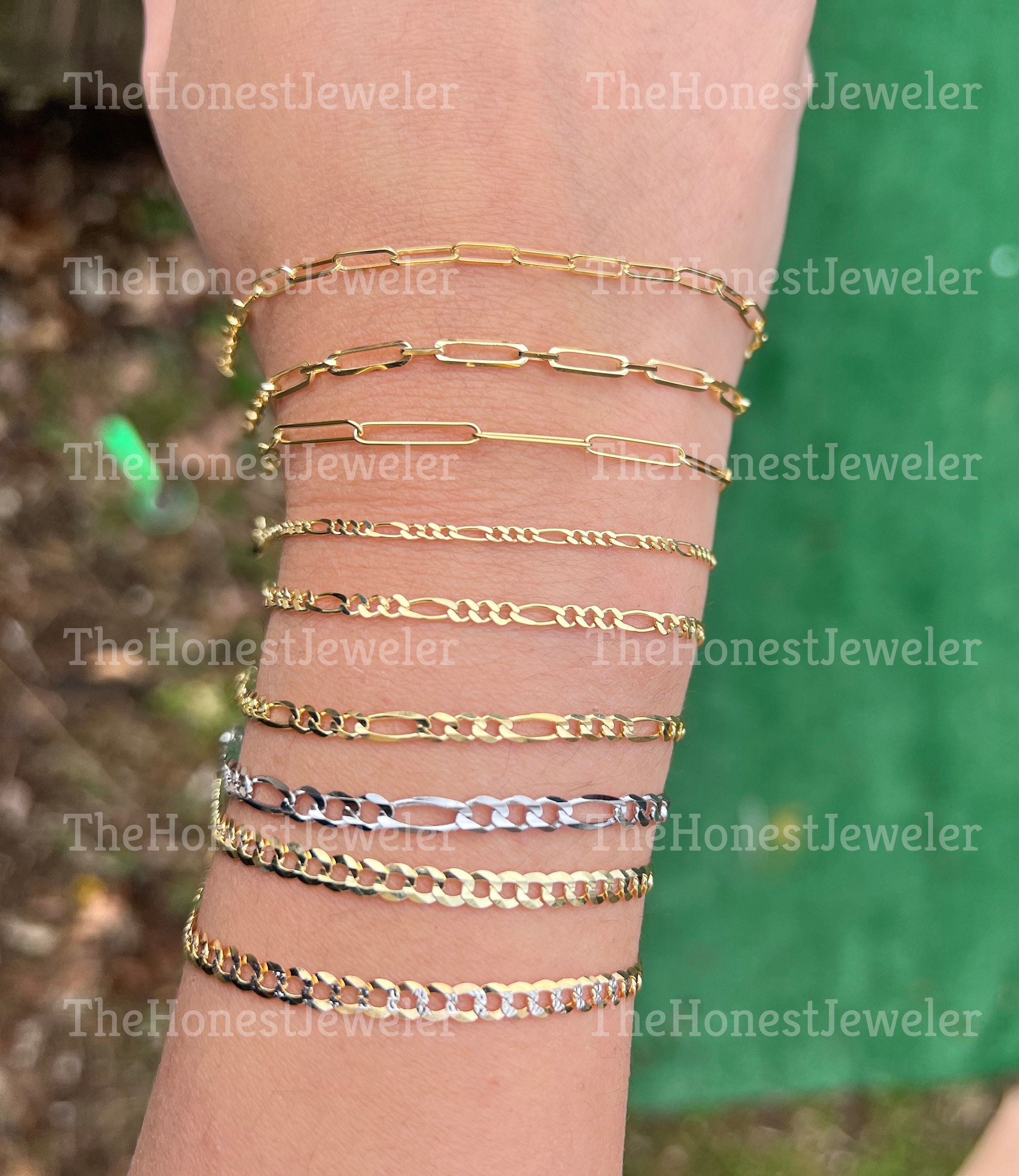 14k Solid Gold Chain Link Bracelets, Paperclip Bracelet, Figaro ...