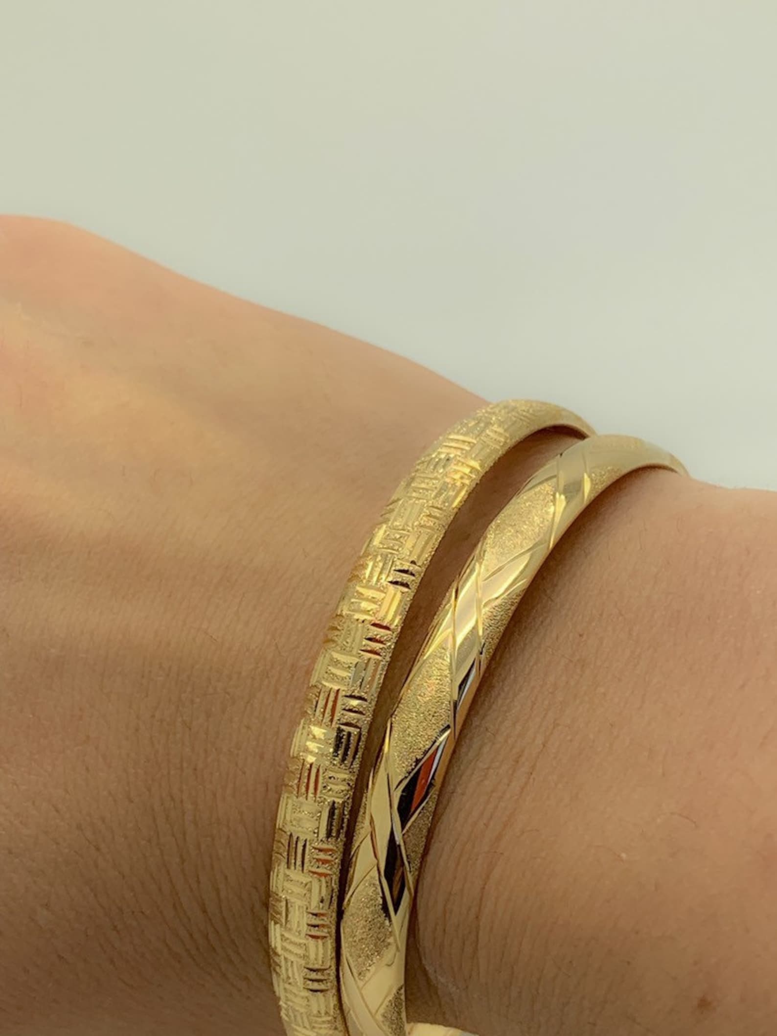 10k Yellow Gold Bangle Braceletdiamond Cut Banglestacking - Etsy