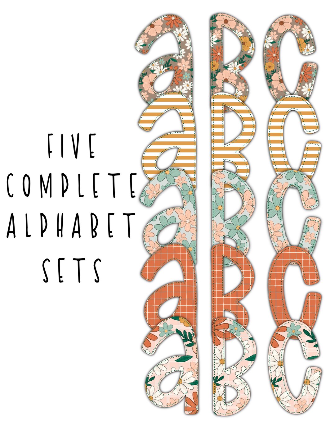 Five Full Alphabet Sets Retro Spring Alphabet Letter Pack, Faux ...