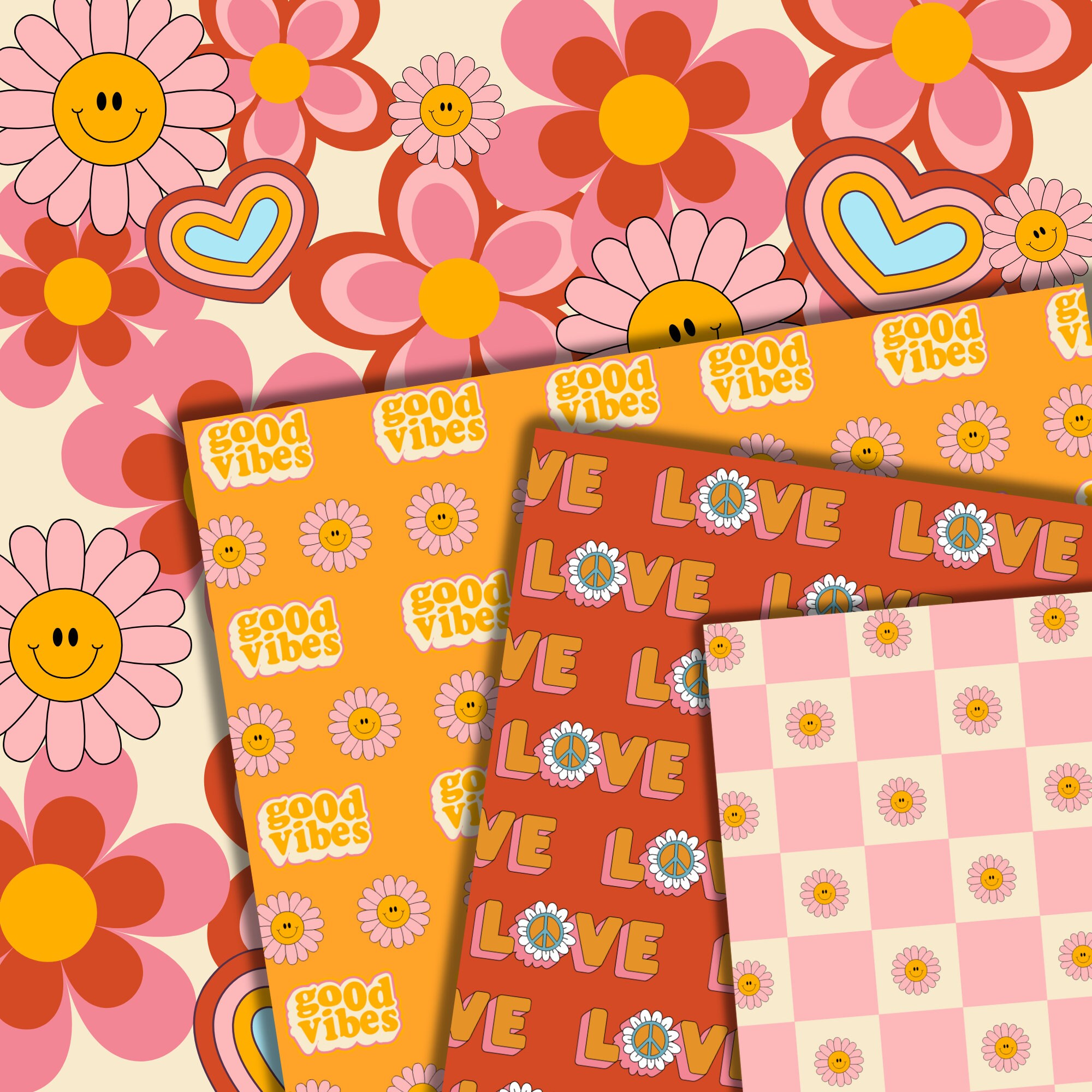 Hippie Retro Digital Paper Pack, Scrapbook Papers, Hippie Wallpaper ...