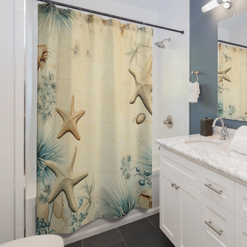 Coastal Shower Curtain: Seashells and Starfish, Beach Home Decor - Etsy