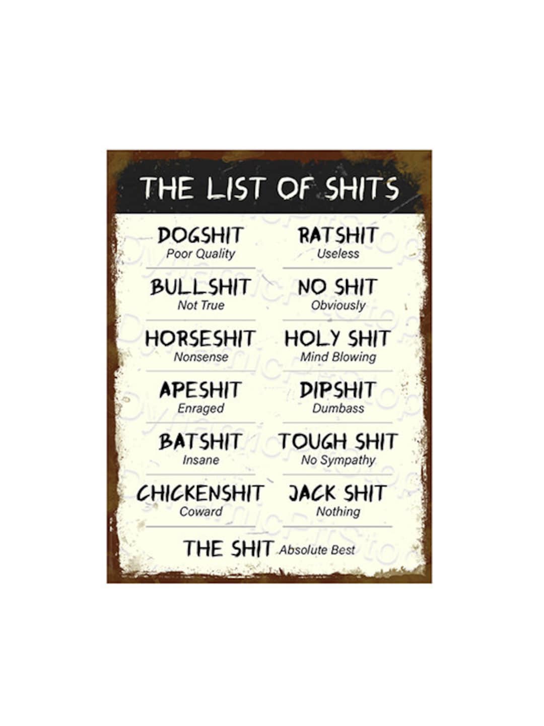 Funny Signs-shit List rustic Tin Metal Sign man Cave work Humour Sign ...