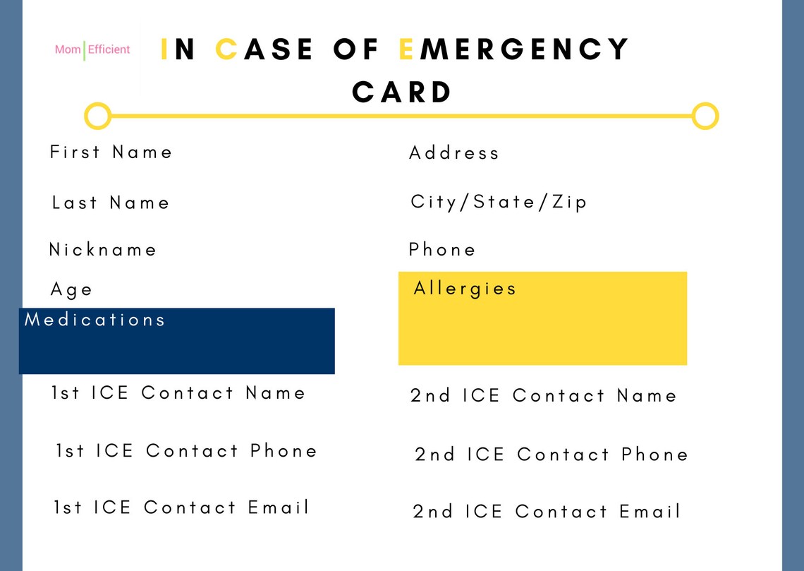 Printable Backpack Wallet ICE Cards | in Case of Emergency Contact ...