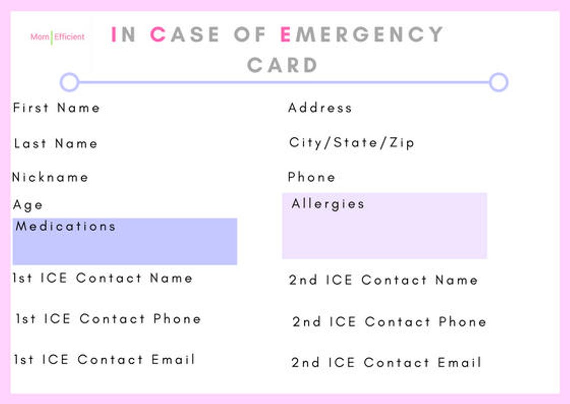 Printable Backpack Wallet ICE Cards | in Case of Emergency Contact ...