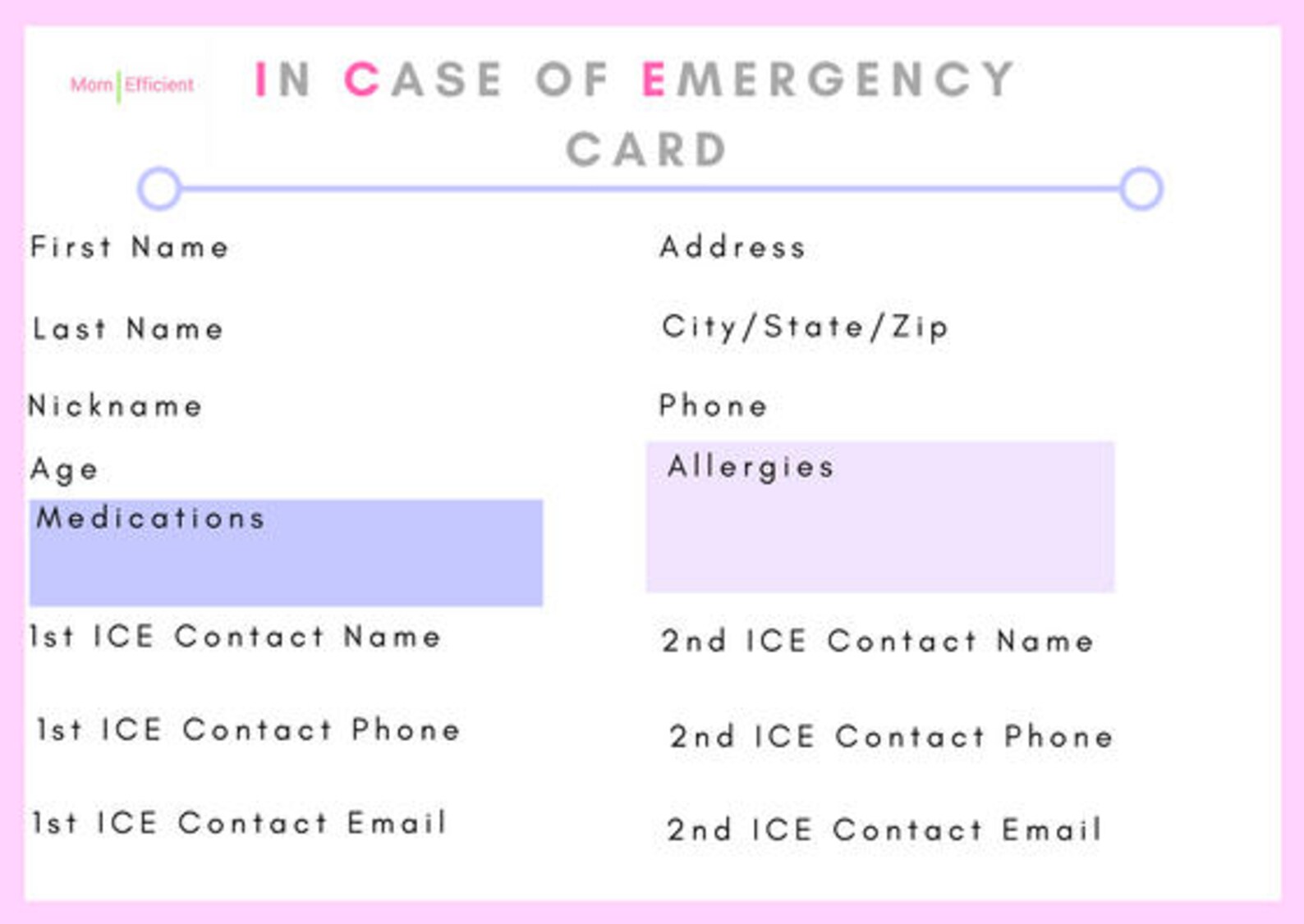 Printable Backpack Wallet ICE Cards in Case of Emergency Contact Cards ...