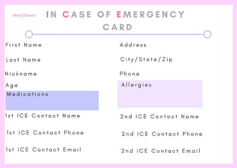 Printable Backpack Wallet ICE Cards | in Case of Emergency Contact ...