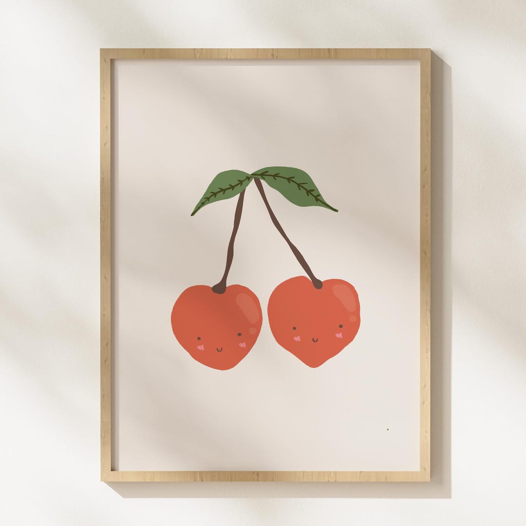 Kids Cherry Fruit Poster, Boho Nursery Print, Kawaii Cherry Print, Wall ...
