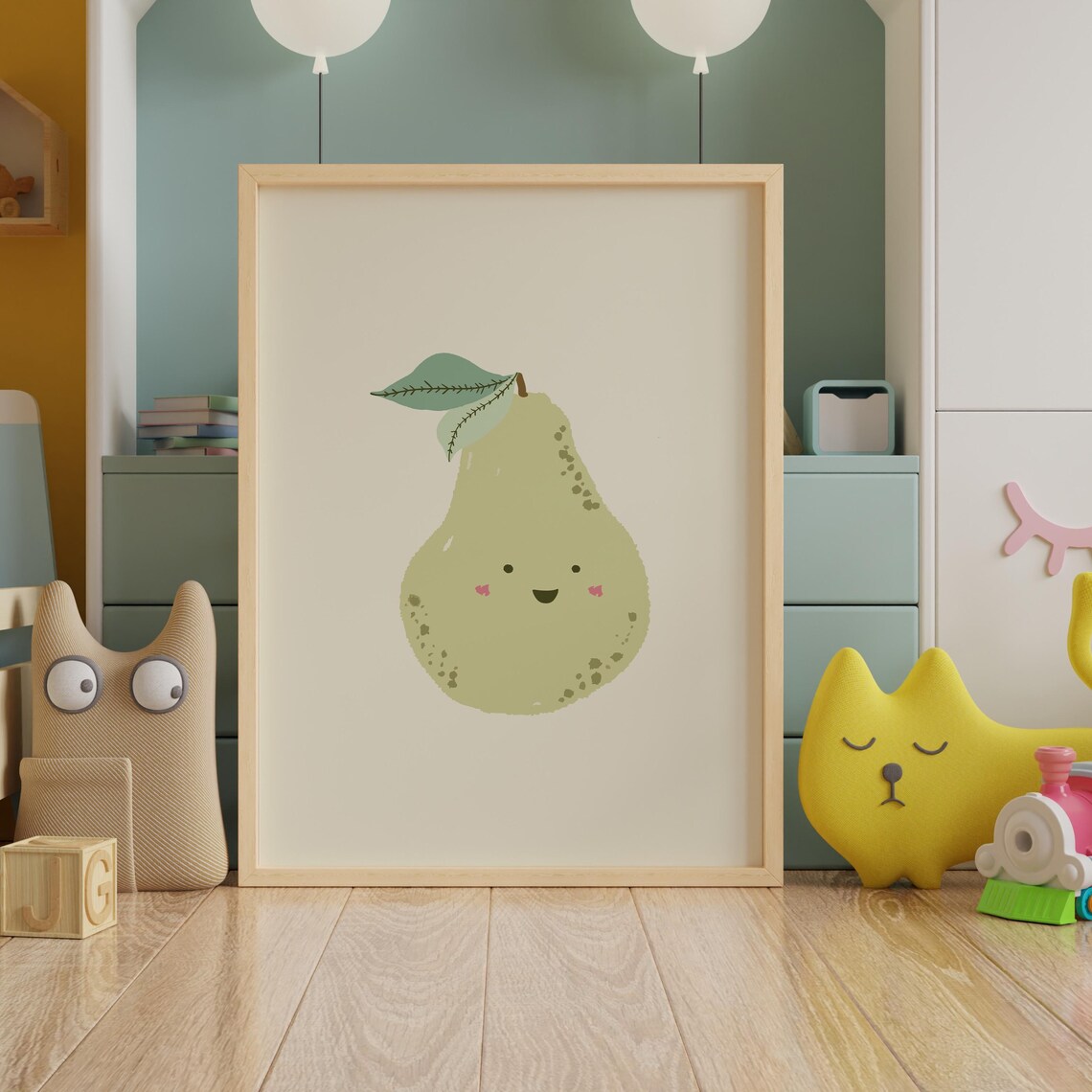 Cute Pear Nursery Printable, Kids Fruit Digital Download, Happy Kawaii ...