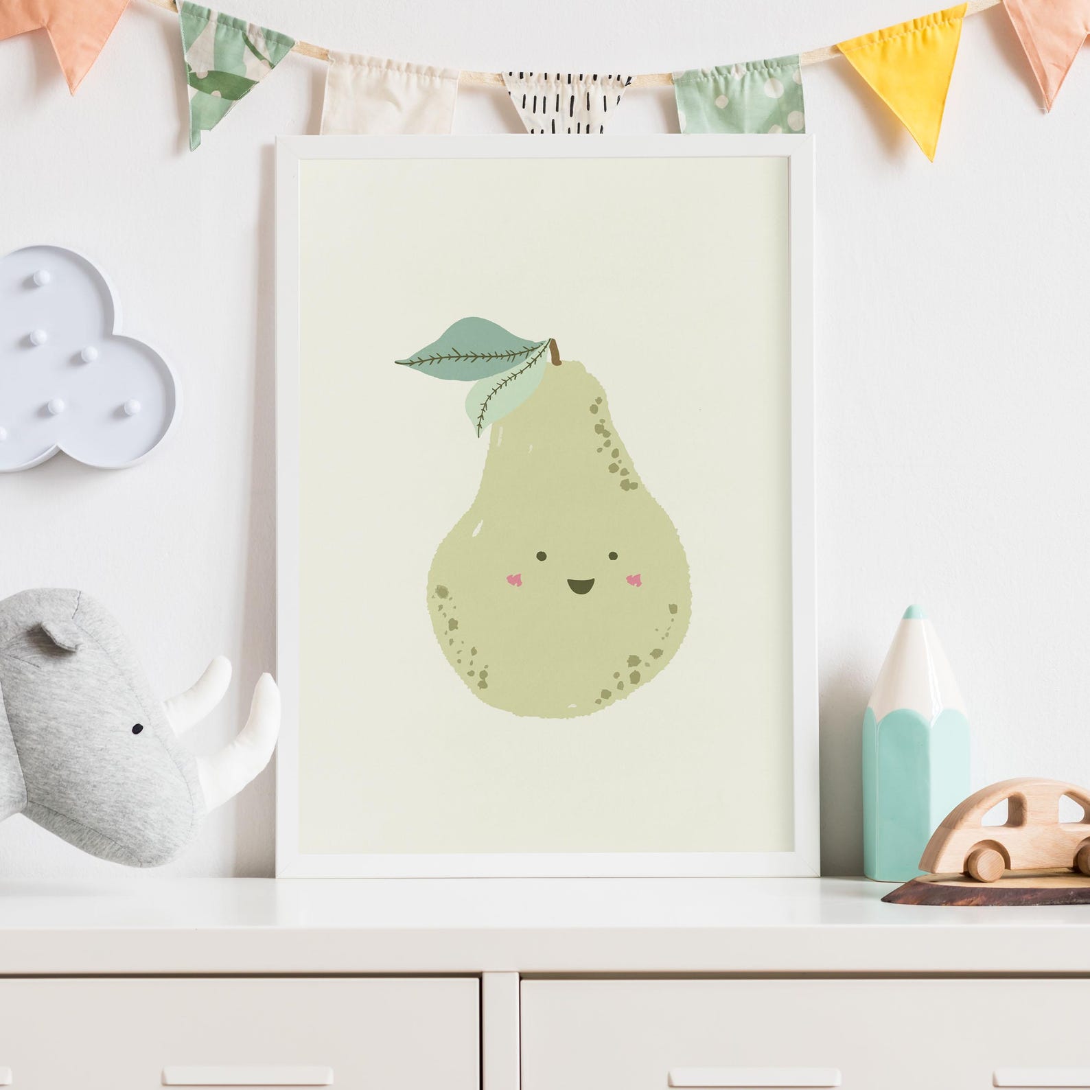 Cute Pear Nursery Printable, Kids Fruit Digital Download, Happy Kawaii ...