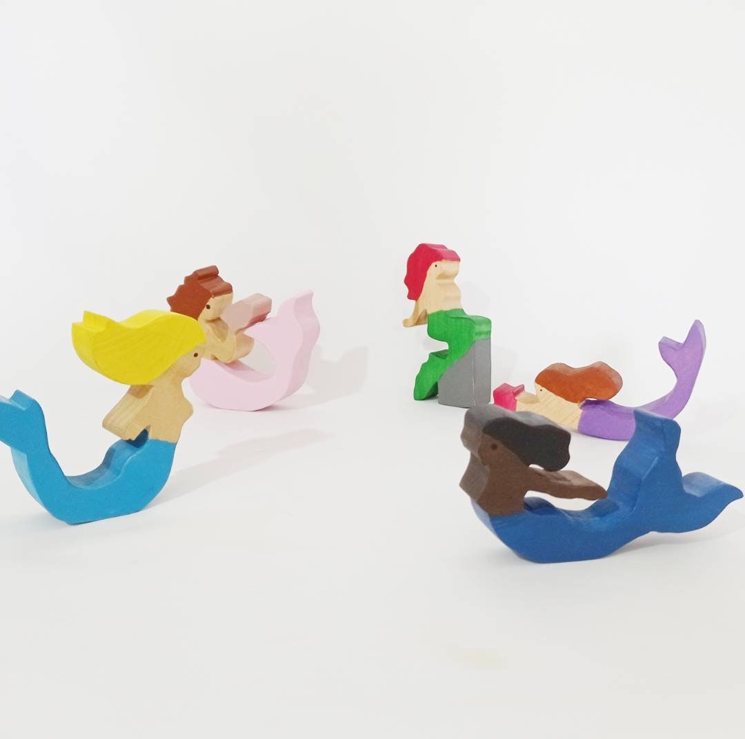 Mermaid wooden toy set wooden mermaids mermaid on the rock | Etsy