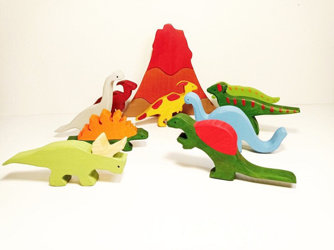 Dinosaur World With Volcano Stacking Toy Set, Wooden Waldorf Toys, Gift ...