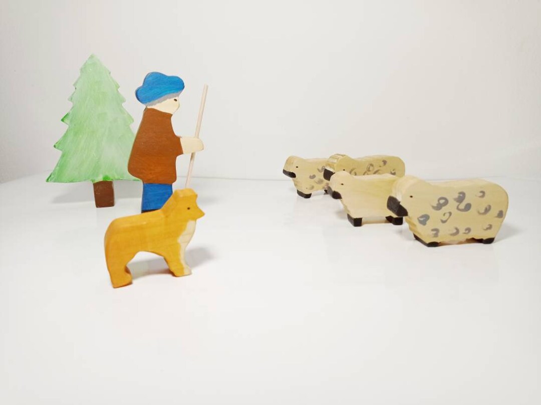 Shepherd With Sheep and Dog Wooden Toy Set, Wooden Sheep, Farm Scene ...