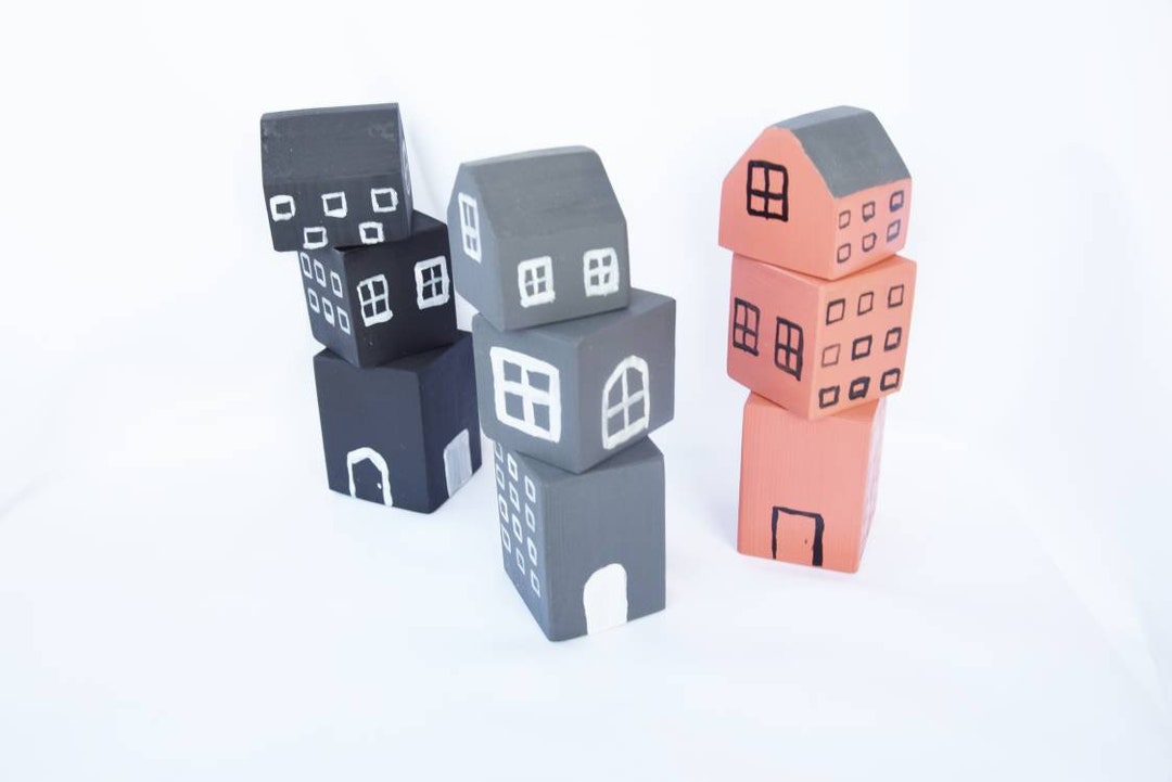 Set of 9 Block Houses, Wooden Block Hoouses Toy Set, Wooden Waldorf ...