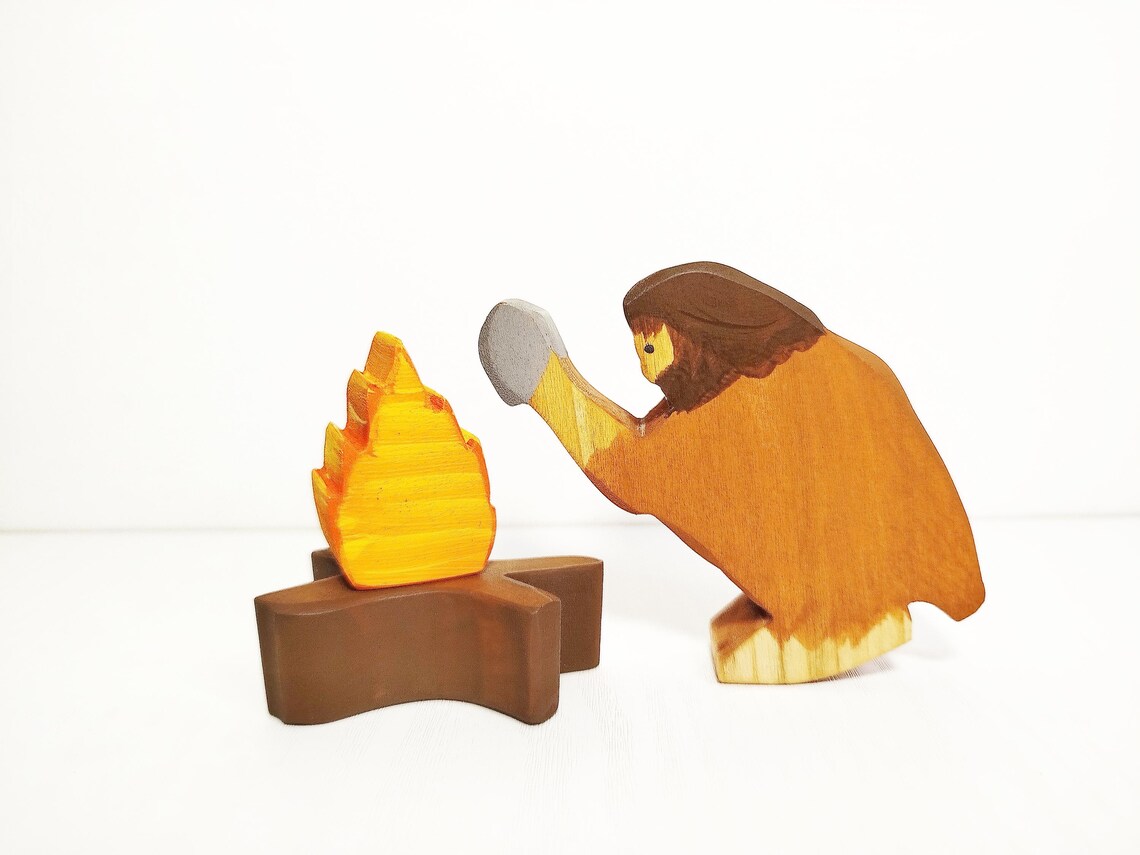 Caveman With Rock and Fire Wooden Toy Figurine, Eco-friendly, Heirloom ...