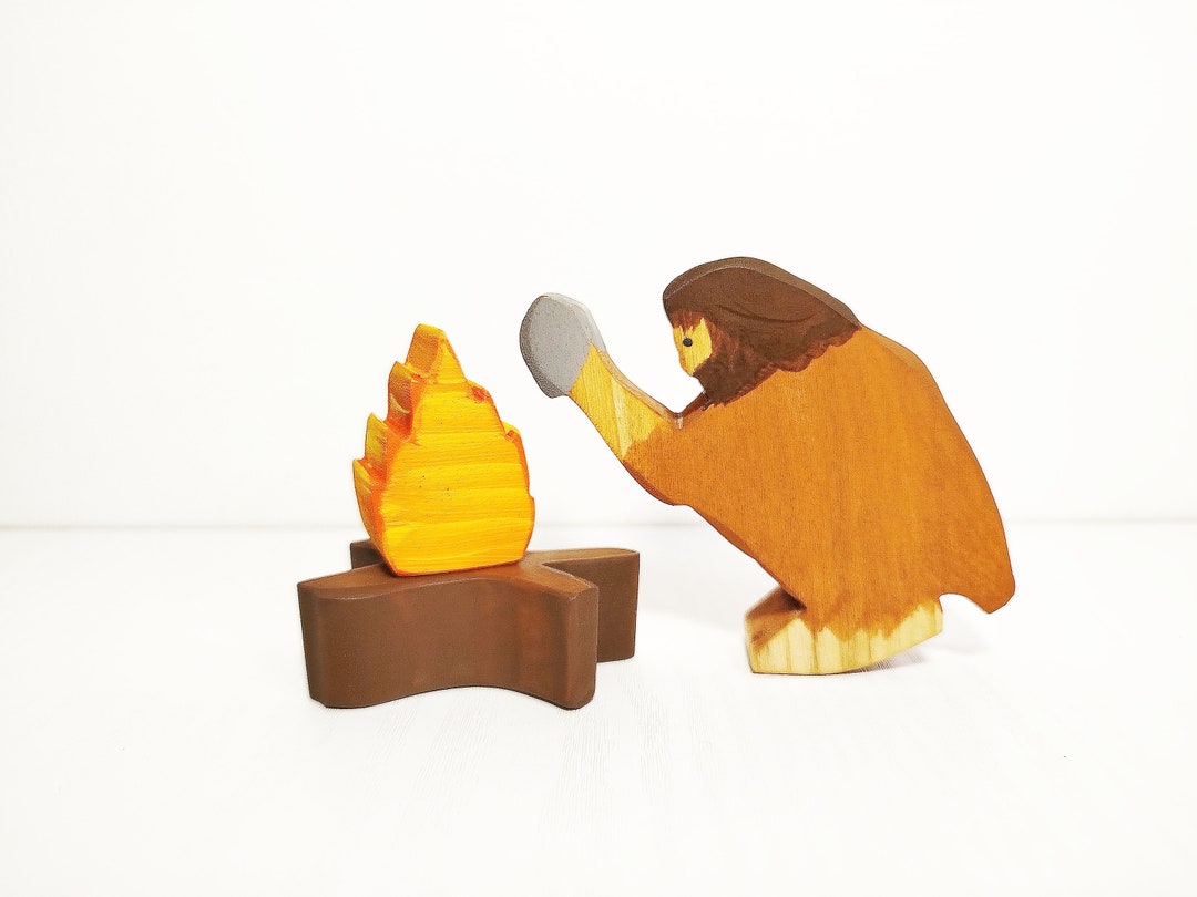 Caveman With Rock and Fire Wooden Toy Figurine, Eco-friendly, Heirloom ...