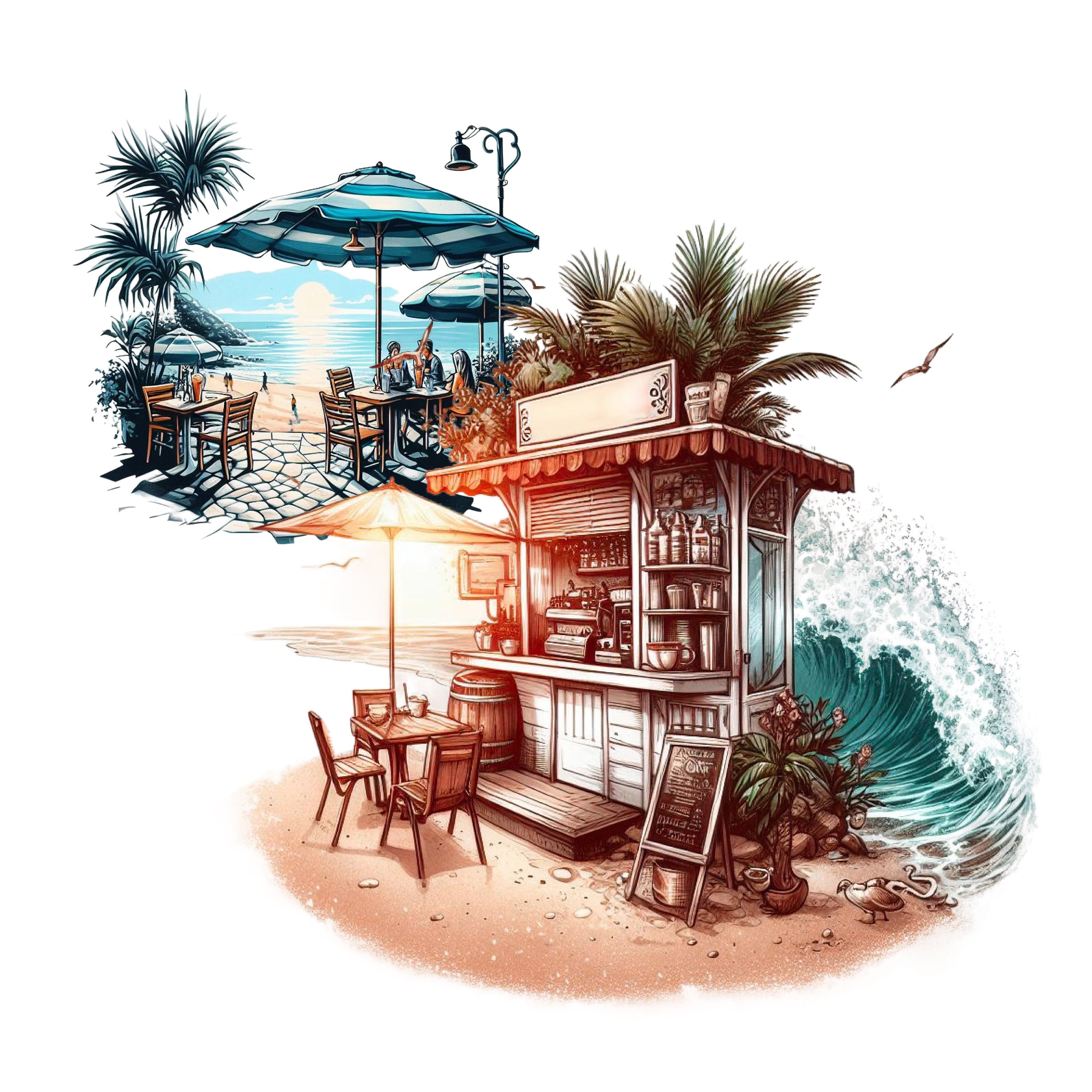 Vibrant Watercolor Drawings: Summer Café Scenes on Transparent - Etsy