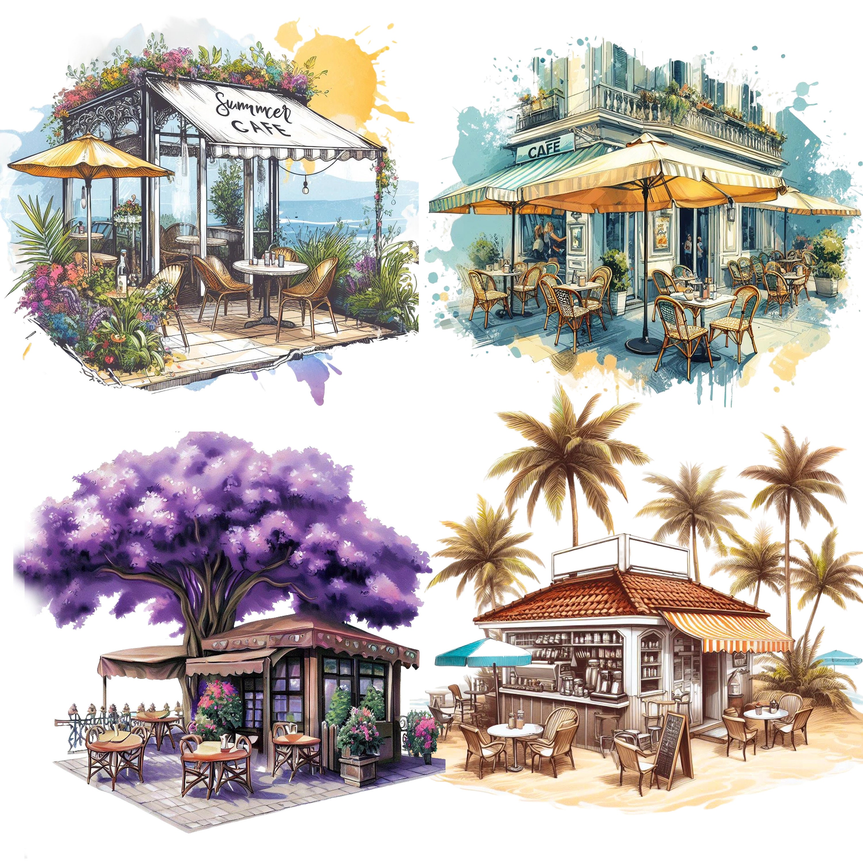 Vibrant Watercolor Drawings: Summer Café Scenes on Transparent - Etsy