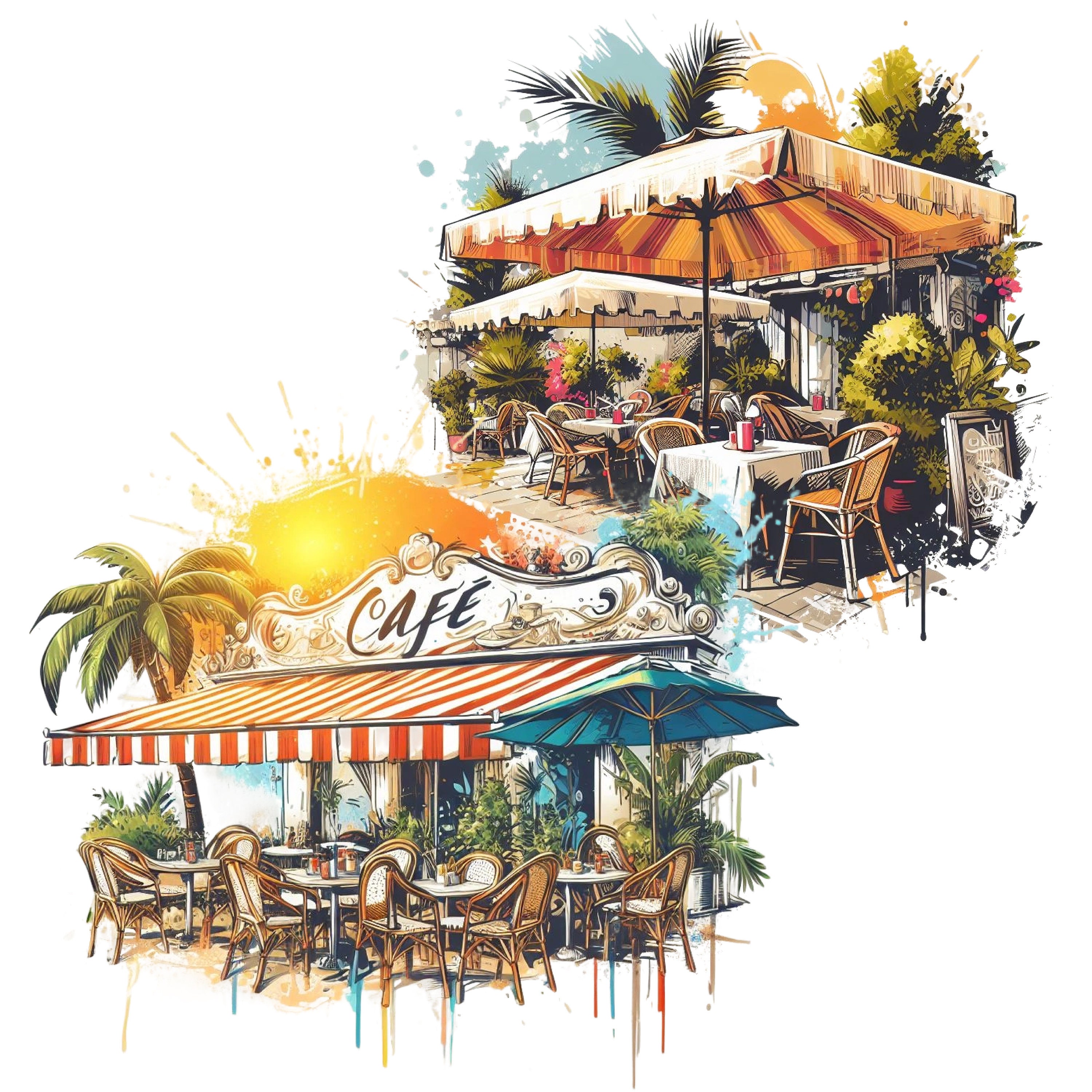 Vibrant Watercolor Drawings: Summer Café Scenes on Transparent - Etsy