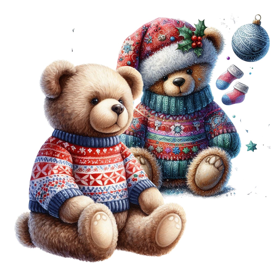 Watercolor Christmas Teddy Bear Holiday Teddy Bear PNG, PNG Christmas ...