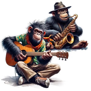 Musician Monkey Drawing, Monkey With Guitar, Gorilla Png, Watercolor ...
