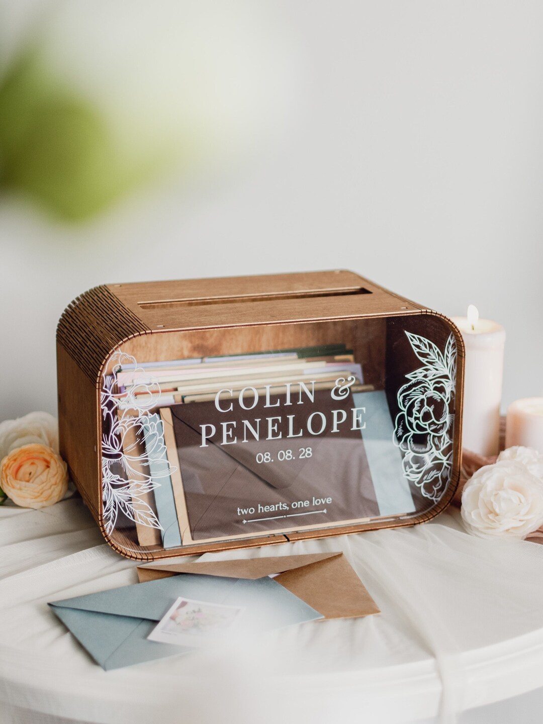 Wedding Acrylic Card Box, Wooden Envelope Box Personalized, Boho Rustic ...