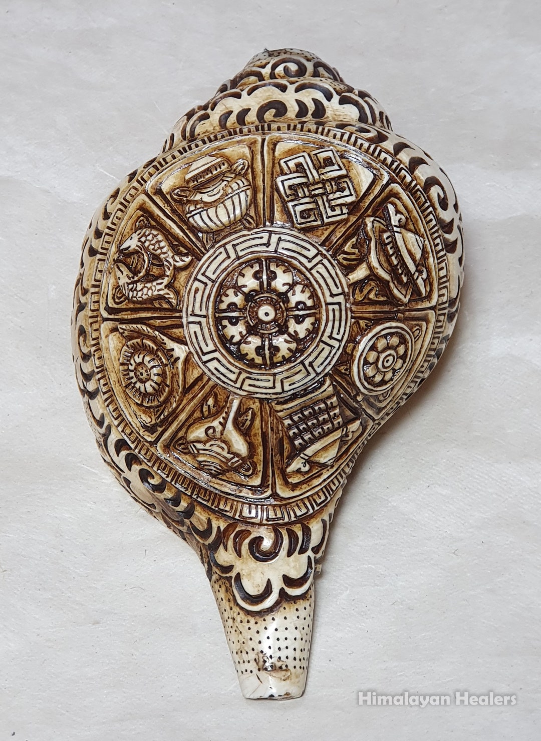 Handcarved Ashtamangala / Eight Auspicious Sign Conch Shell. 100 % ...