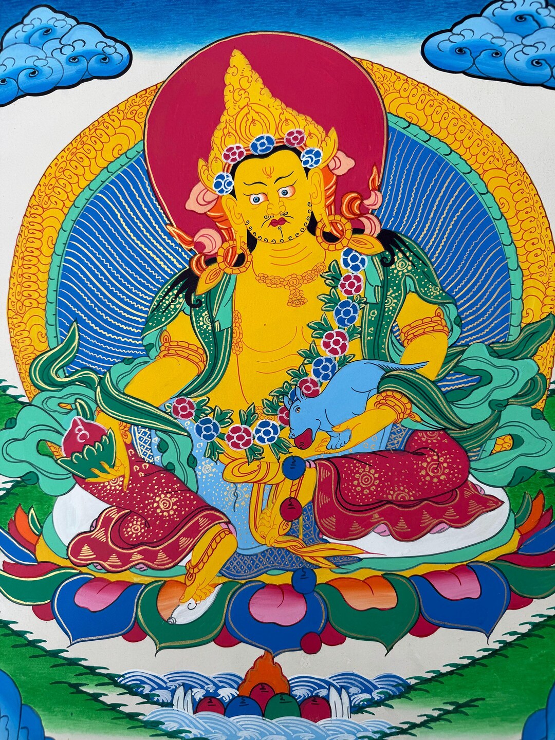Hand-painted Yellow Jambhala Thangka: Tibetan Buddhist Wealth Deity Art ...