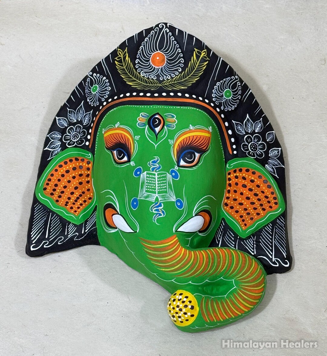 Large Green Paper Mache Ganesh Mask. Hindu Elephant God. Handmade in ...