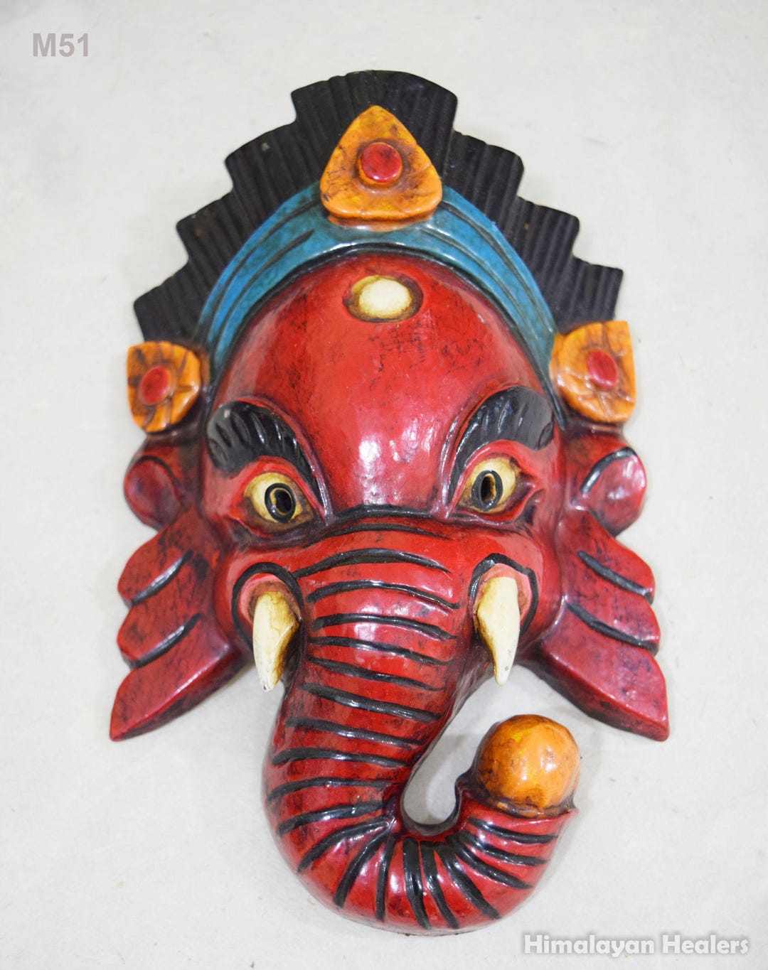 Handcarved Wooden Red Ganesha Mask Left Facing Trunk, Made From a ...