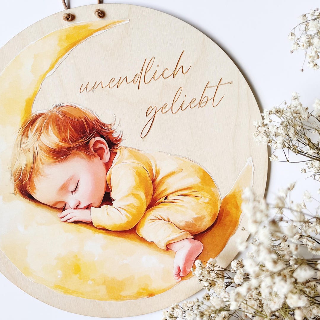 Wooden Sign With Sleeping Baby on Moon, infinitely Loved Sign, Gift for ...