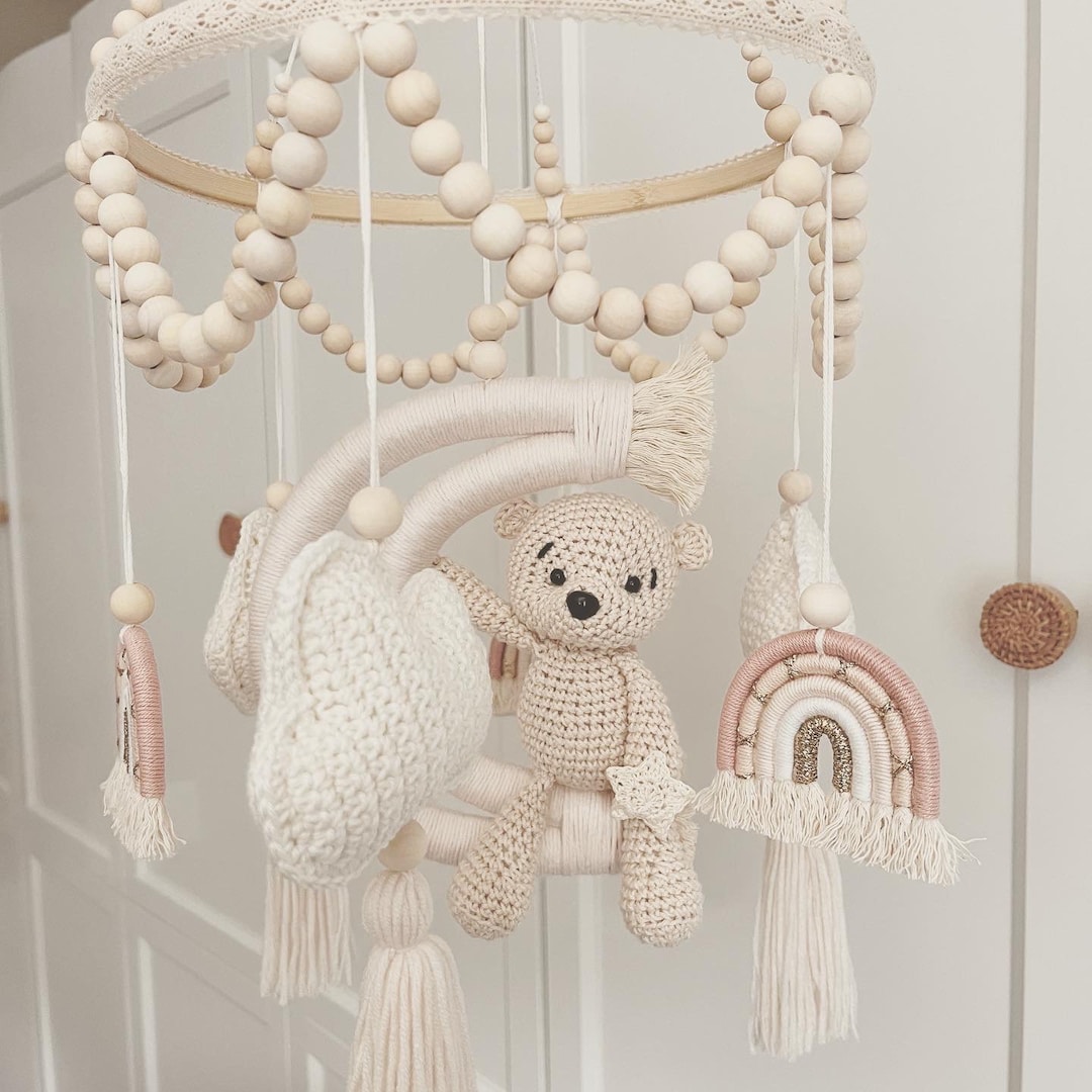 Teddy Mobile head in the Clouds, Macrame Mobile, Baby Mobile With Moon ...