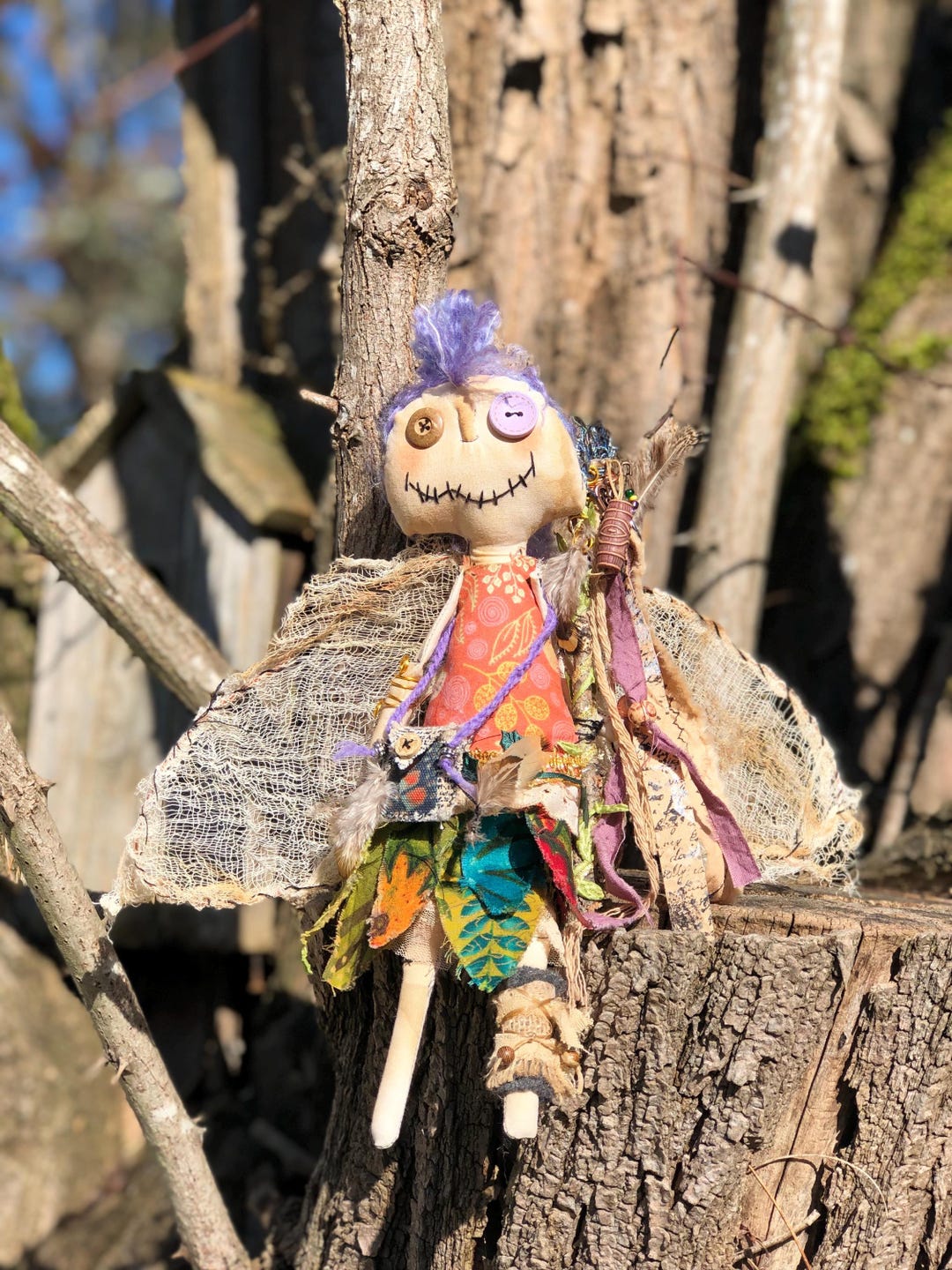 Annette Junky Grungy Fairy,wand,mohawk,feathers,buttons, Doll,handmade ...