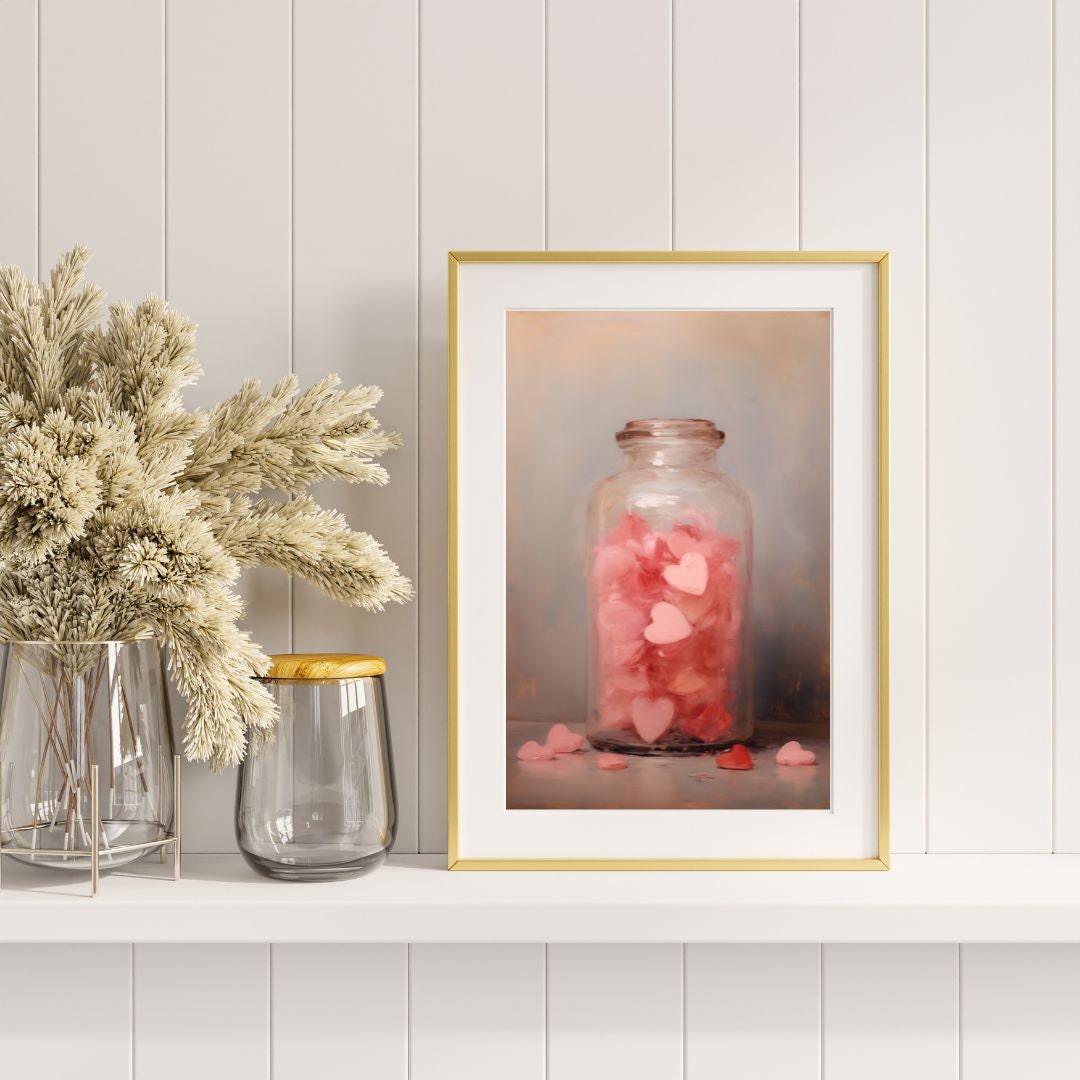 Romantic Heart Jar Printable Oil Painting, Valentine's Day Decor, Soft ...