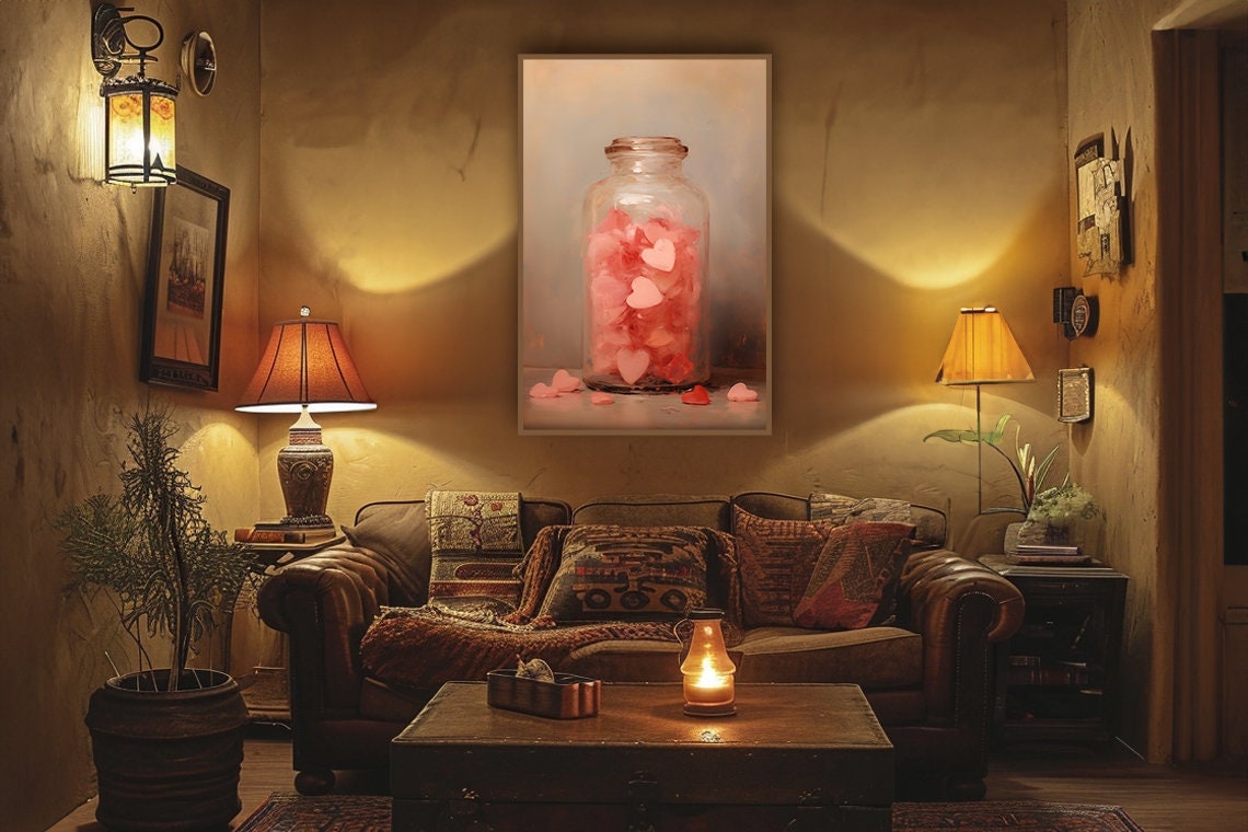 Romantic Heart Jar Printable Oil Painting, Valentine's Day Decor, Soft ...