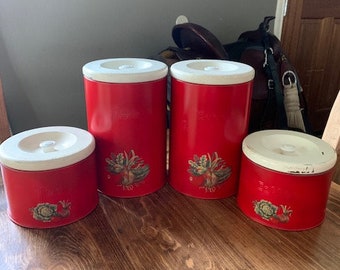 Vintage Tin Canister Set of 4 Red Fruit Design With Red Lids, Set of 4 ...