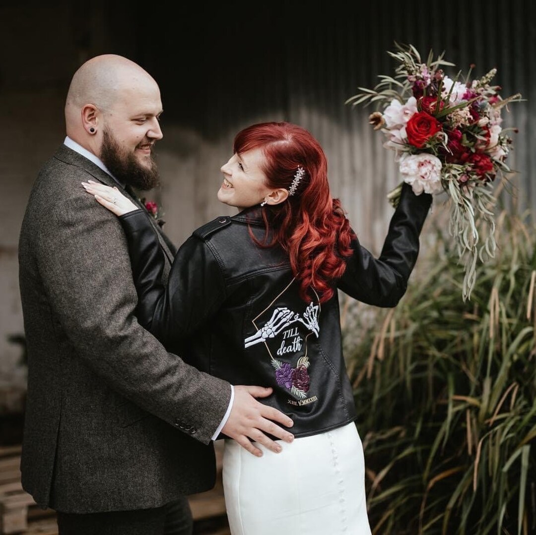 Black Bride Leather Jacket Custom Bride Jacket Bridal Cover up Skeleton ...