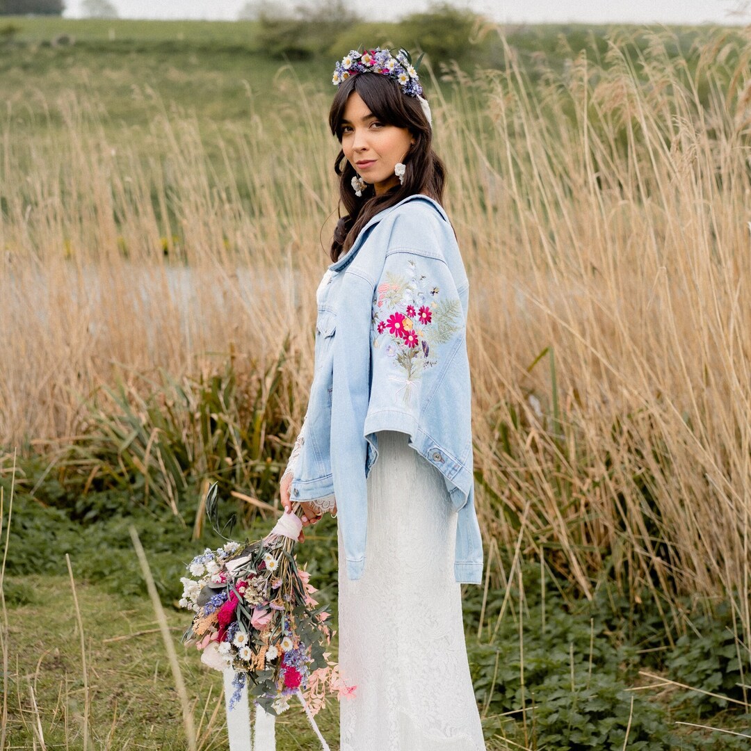 Flower Bouquet Custom Denim Jacket Bride Embroidered Wedding - Etsy UK