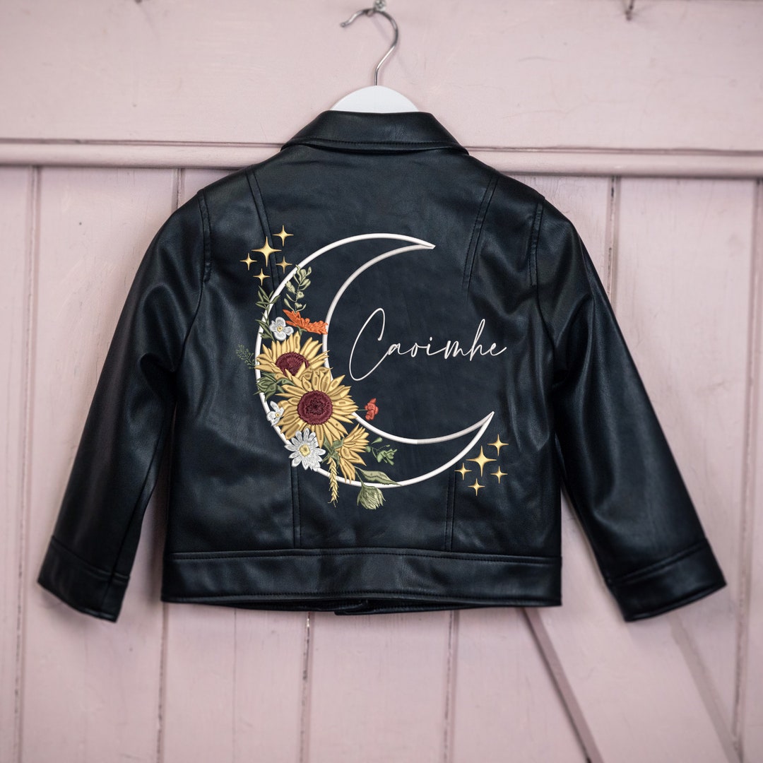 Custom Flower Girl Embroidered Sunflower Name Kids Faux Leather Jacket ...