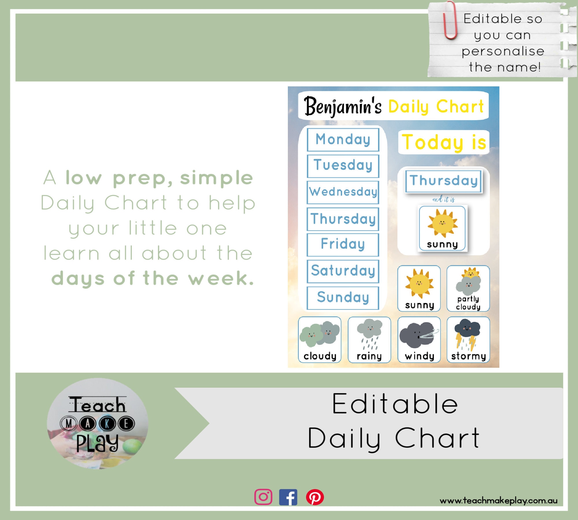 Personalised Daily Chart // Days of the Week // Weather - Etsy