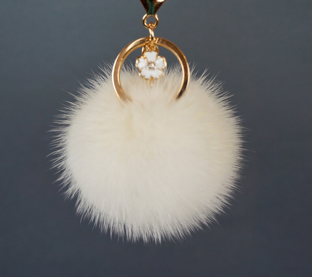 White Fur Pom Pom Keychain: Handmade Mink Bag Charm With Flower - Etsy