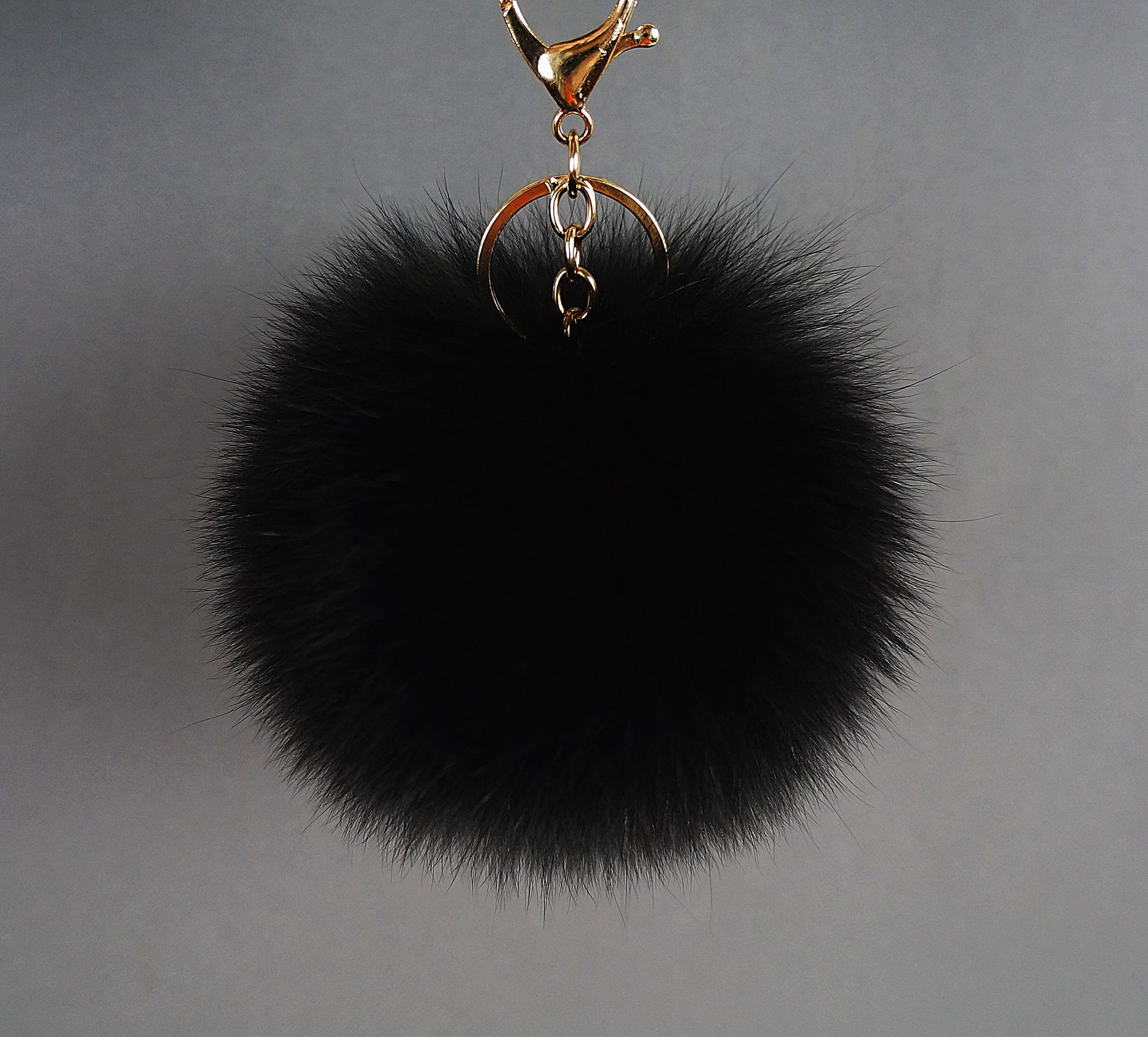 Fur keychain Fur pom pom keychain Black keychain Fox fur | Etsy