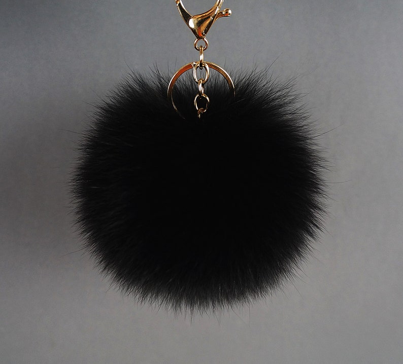 Fur keychain Fur pom pom keychain Black keychain Fox fur | Etsy