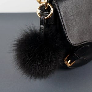 Fur Keychain, Fur Pom Pom Keychain, Black Keychain With Leather Strap ...
