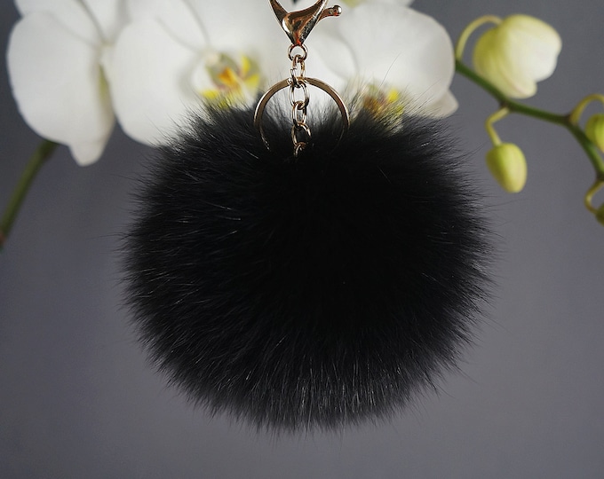 Fur Keychain, Fur Pom Pom Keychain, Black Keychain, Fox Fur Keychain ...