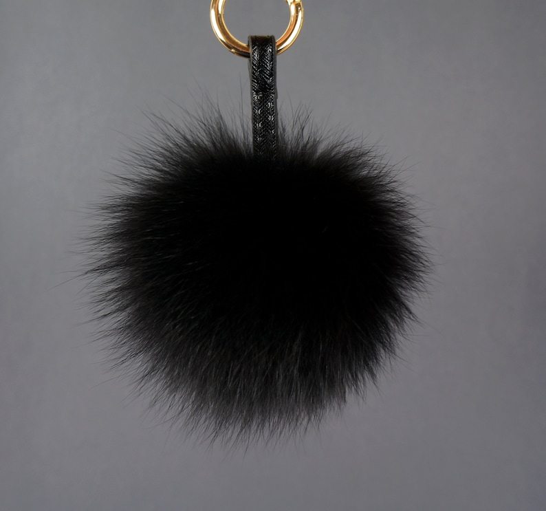 Fur keychain Fur pom pom keychain Black keychain with | Etsy